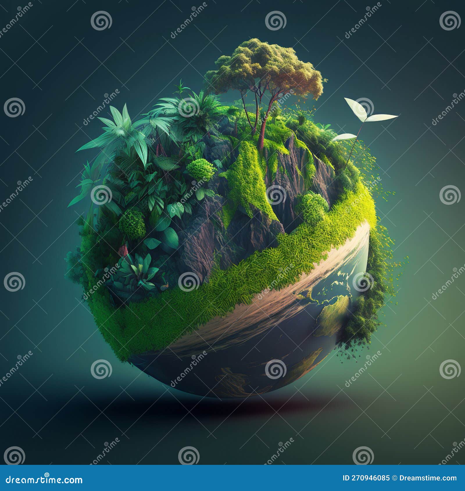 Hyper Realistic Round Planet with Lush Greenery and Mountains and Ocean ...