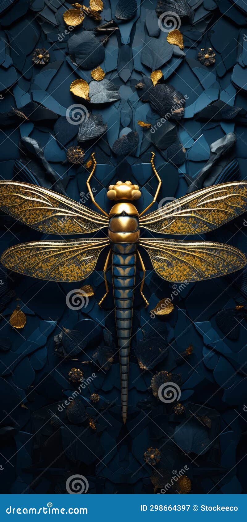 Hyper-realistic Sci-fi Gold Dragonfly Illustration on Blue Background Stock Illustration ...