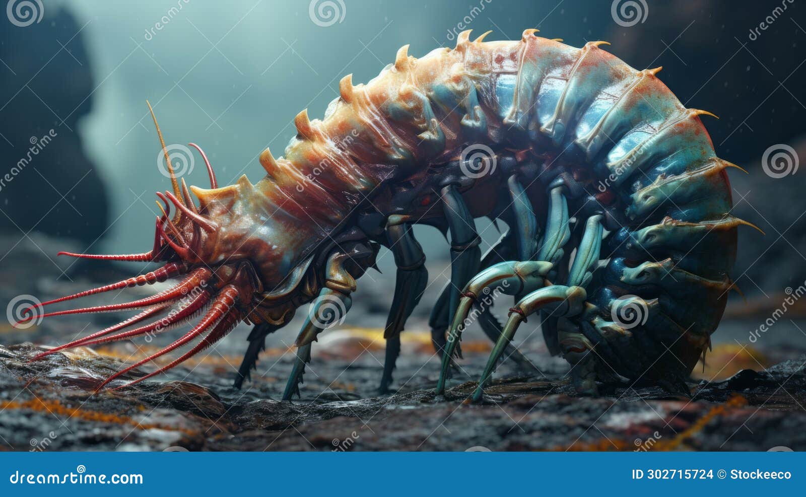 Hyper-realistic Sci-fi Image: Colorful Centipede Crawling among Rocks ...