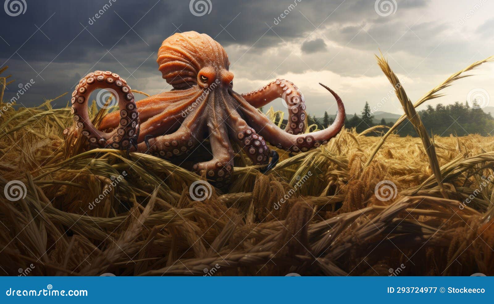 Hyper-realistic Sci-fi Octopus Grazing in Wheat Field Stock Image ...