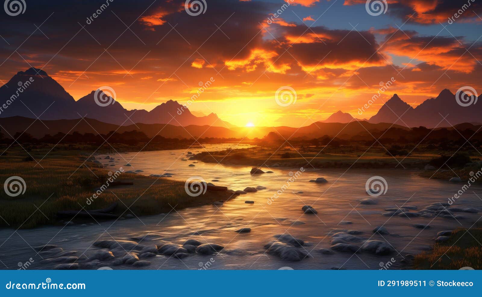 Hyper-realistic Sunset: Grassy Area, Mountains, Water, Maya Render ...