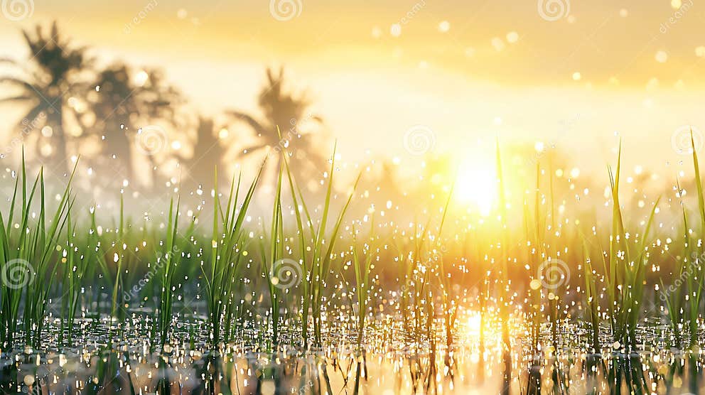 Serene Sunrise Dew Kissed Rice Paddy Tropical Dawn Calm Waters AI ...