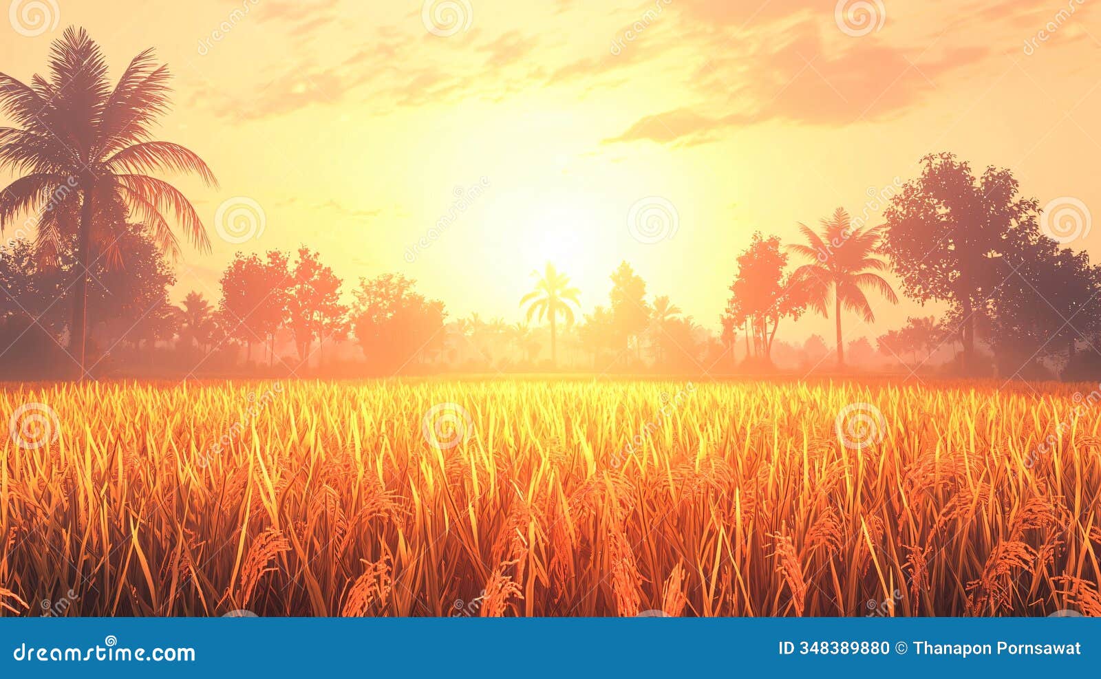 Golden Rice Paddy Field Sunset Tropical Landscape Panorama AI Generated ...
