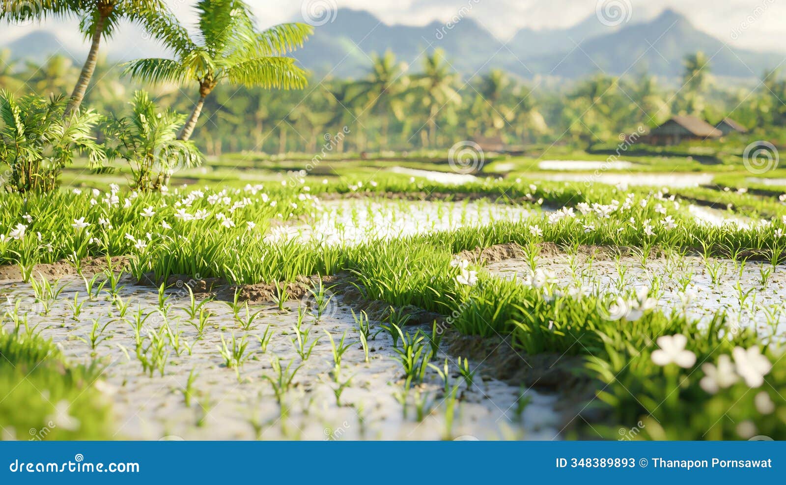 Lush Rice Paddy Fields with White Flowers Tropical Landscape AI ...