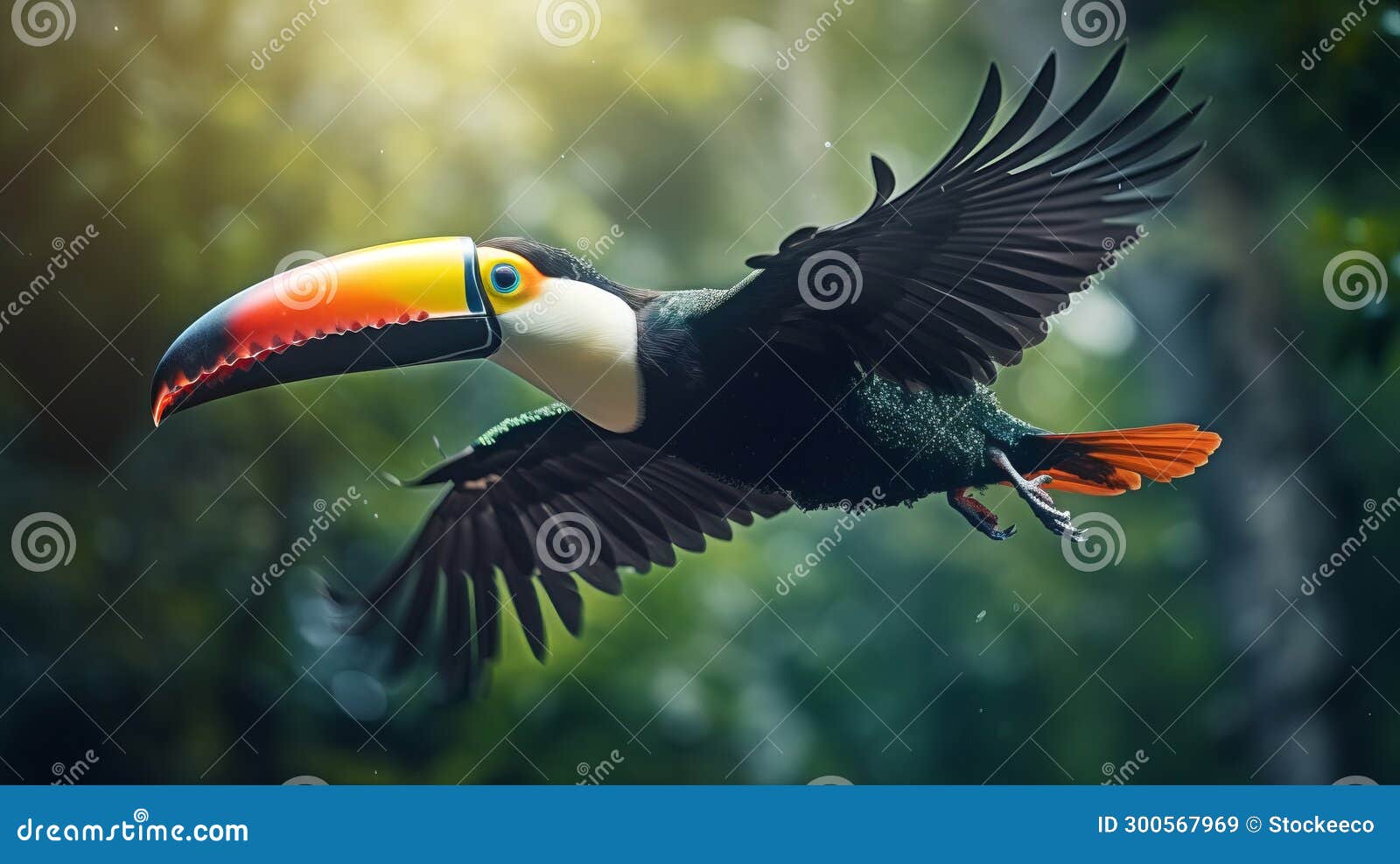 Hyper-realistic Toucan Flying in Vray Traced Forest Stock Illustration ...