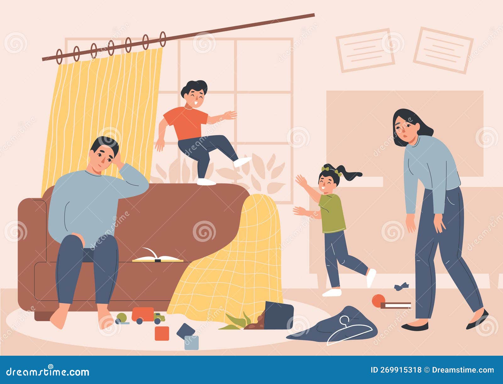 Hyperactive Child Jumping On Sofa While Tired Mom Sleeping. Sleepy ...