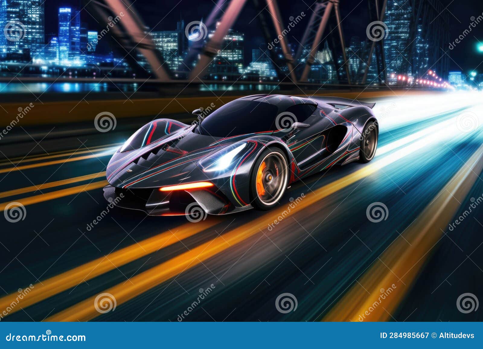 Hypercar Accelerating on Empty City Bridge at Night Stock Illustration ...