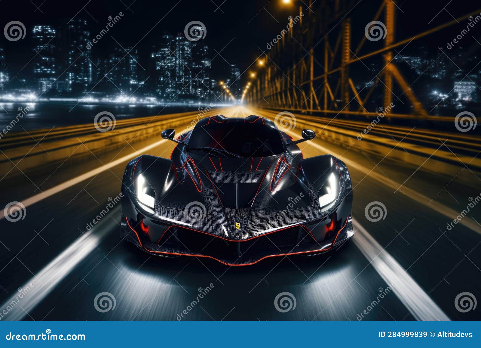 Hypercar Accelerating on Empty City Bridge at Night Stock Illustration ...