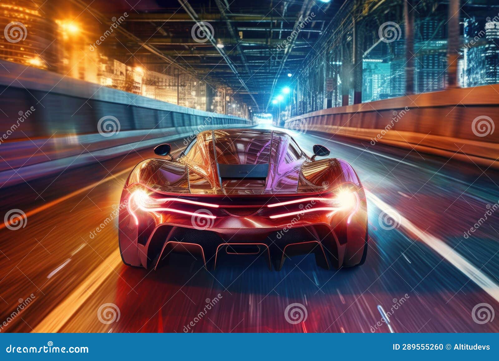 Hypercar Racing through Downtown Tunnel with Lights Reflecting Stock ...