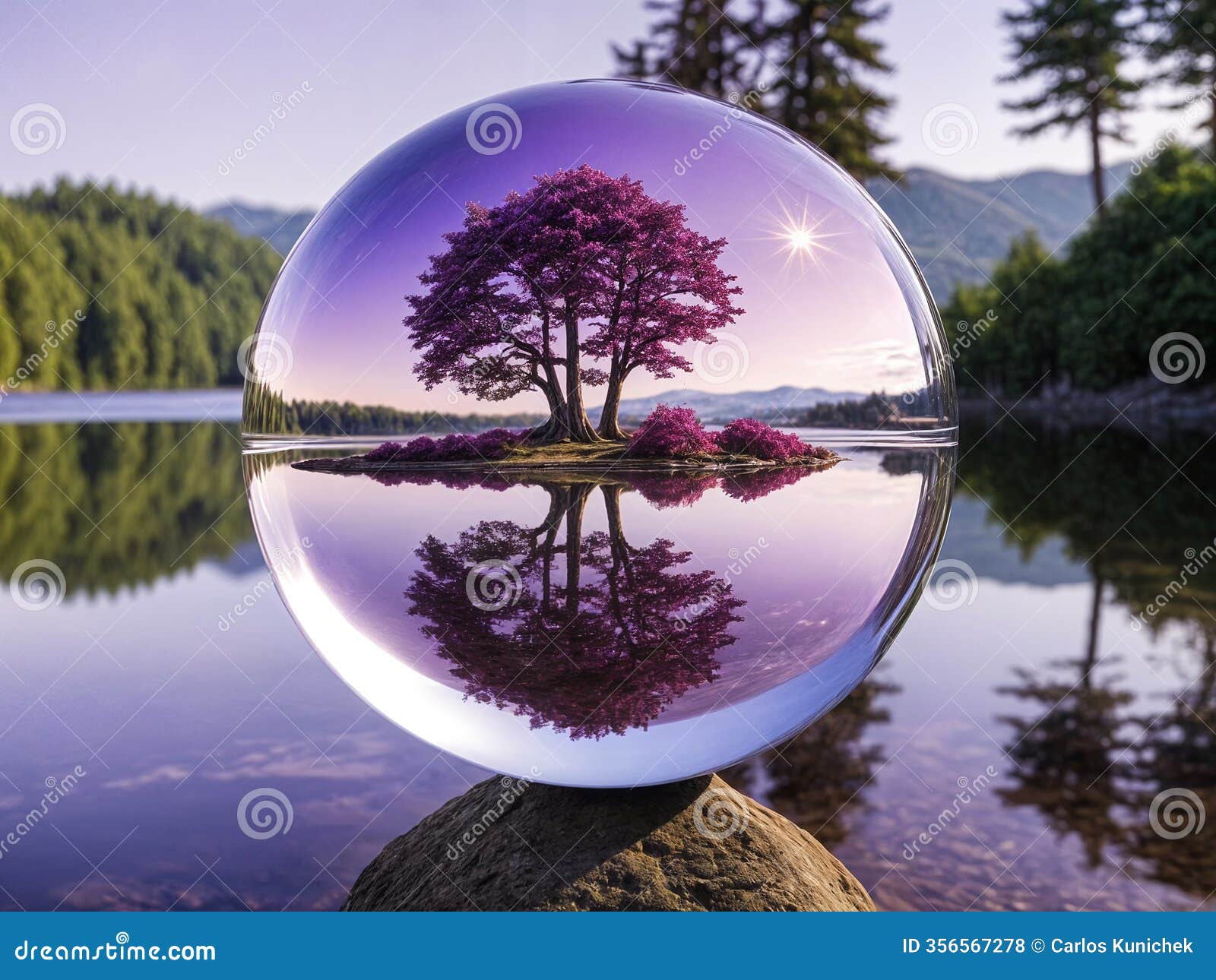 A Hyperdetailed Image of a Glass Sphere, Inside of Which is a Tranquil ...