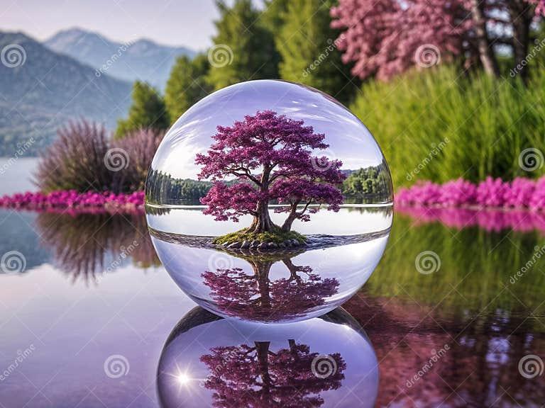 A Hyperdetailed Image of a Glass Sphere, Inside of Which is a Tranquil ...