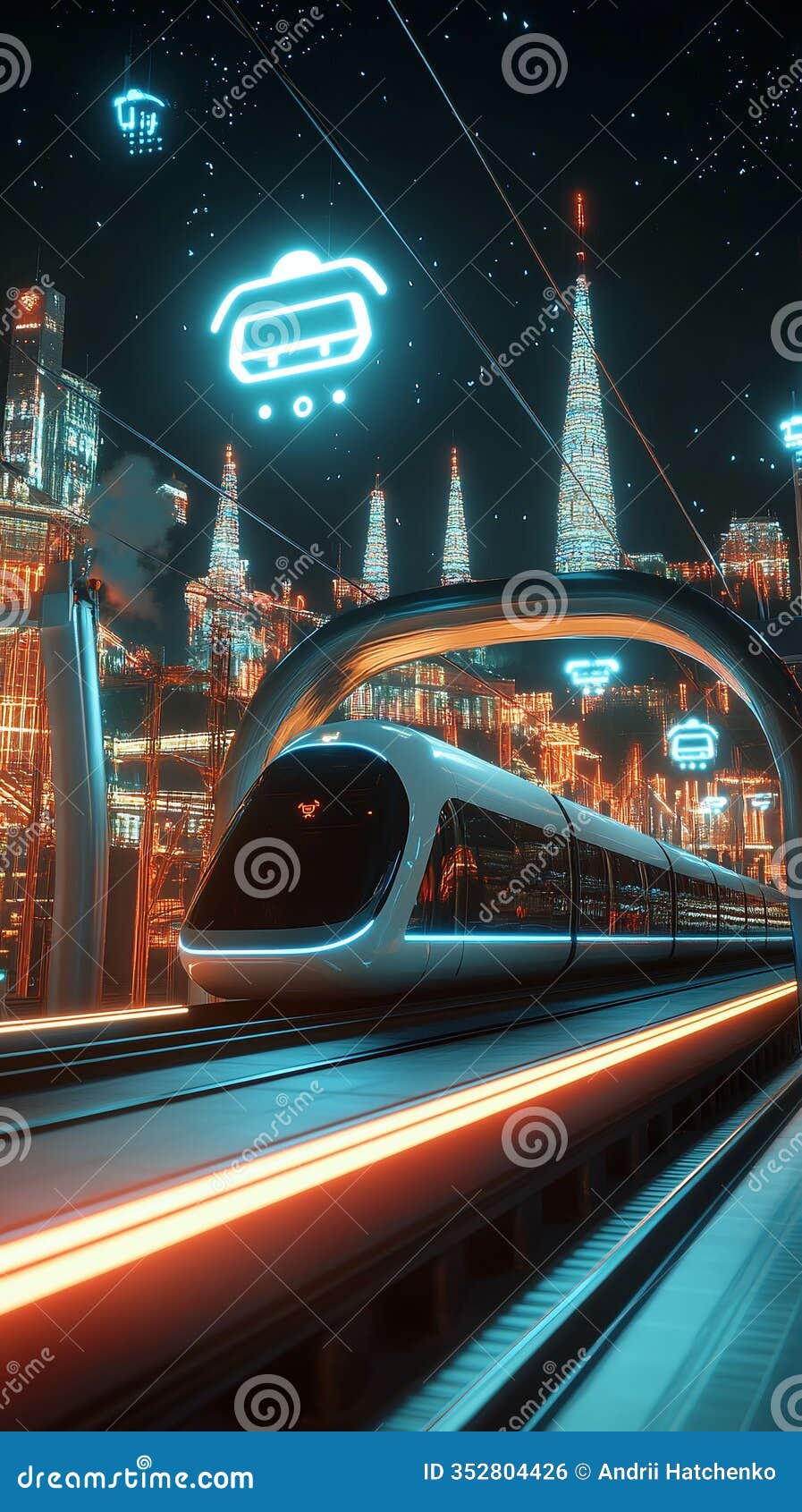 A Hyperloop Train Entering a Futuristic City with Glowing 5G Symbols ...