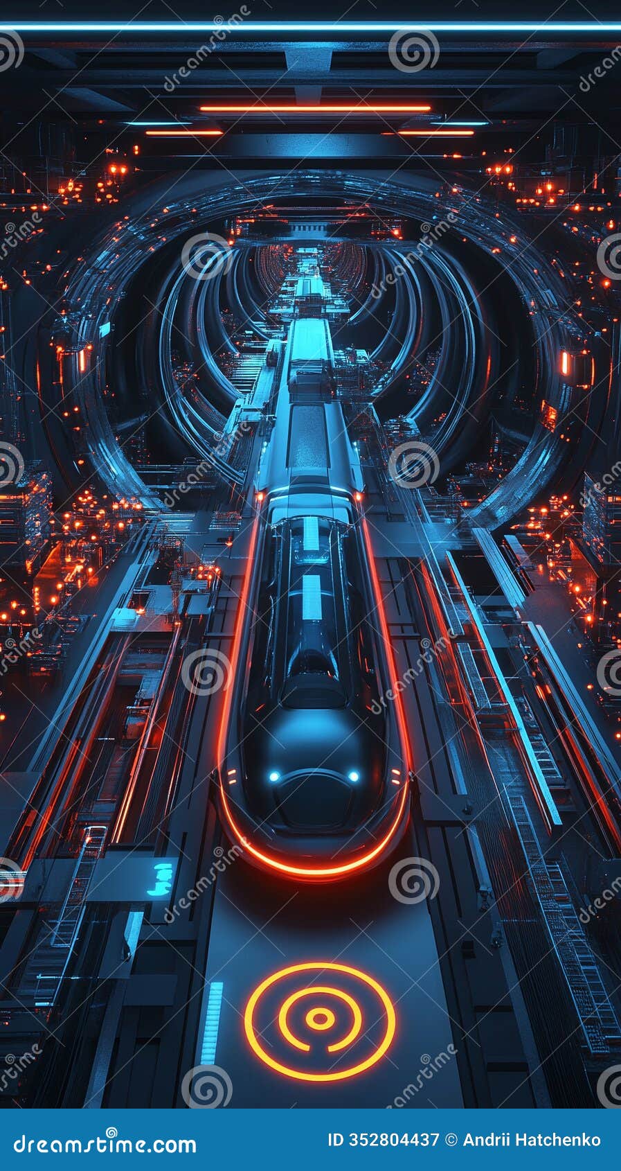 A Hyperloop Train Entering a Futuristic City with Glowing 5G Symbols ...