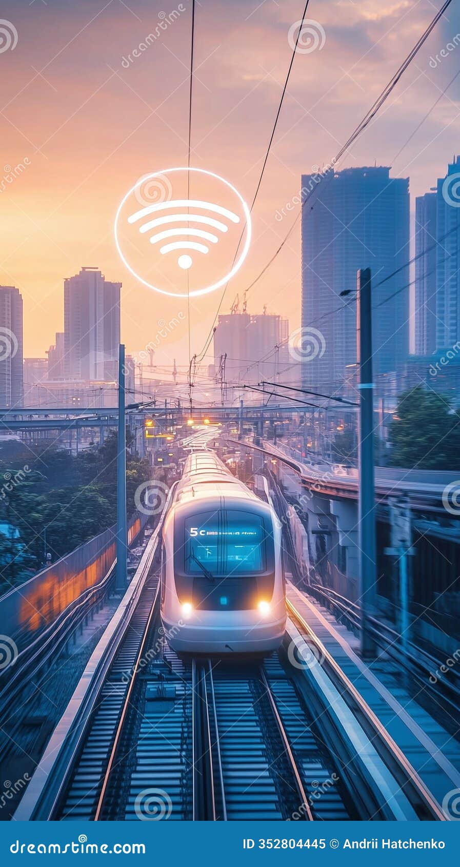 A Hyperloop Train Entering a Futuristic City with Glowing 5G Symbols ...