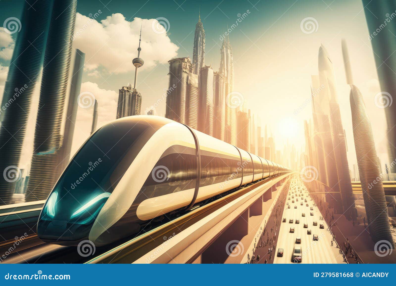 Hyperloop Train Racing through City Skyline Stock Illustration ...