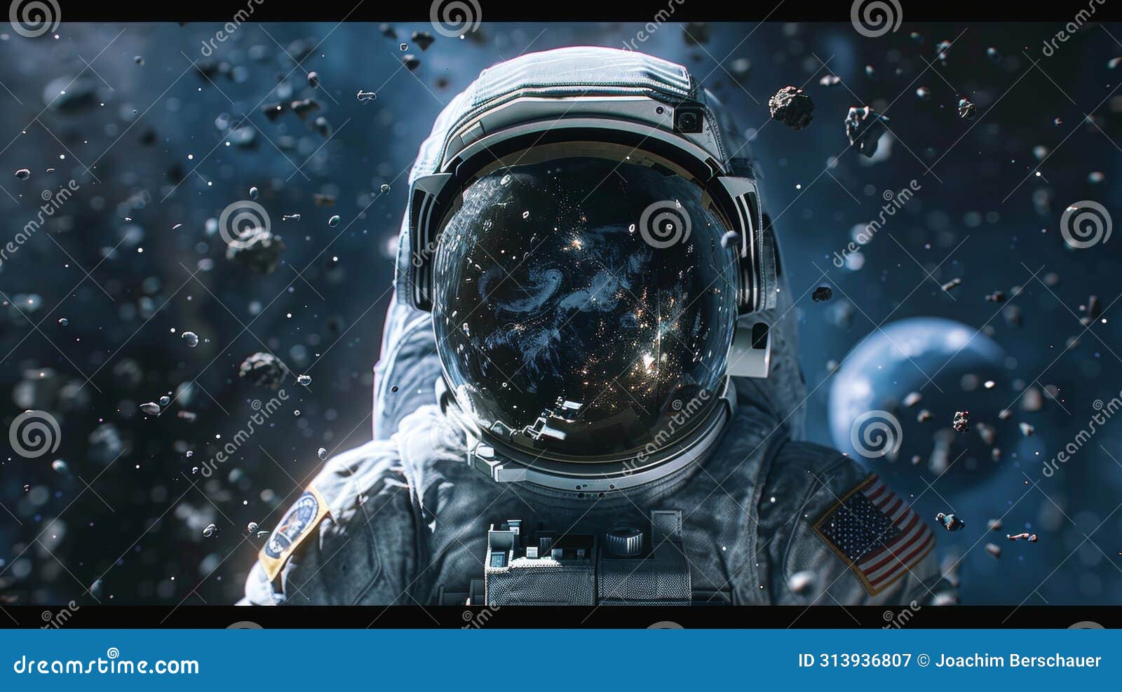 Hyperrealistic Astronaut in Space with Earth, Stars, and Space Debris ...
