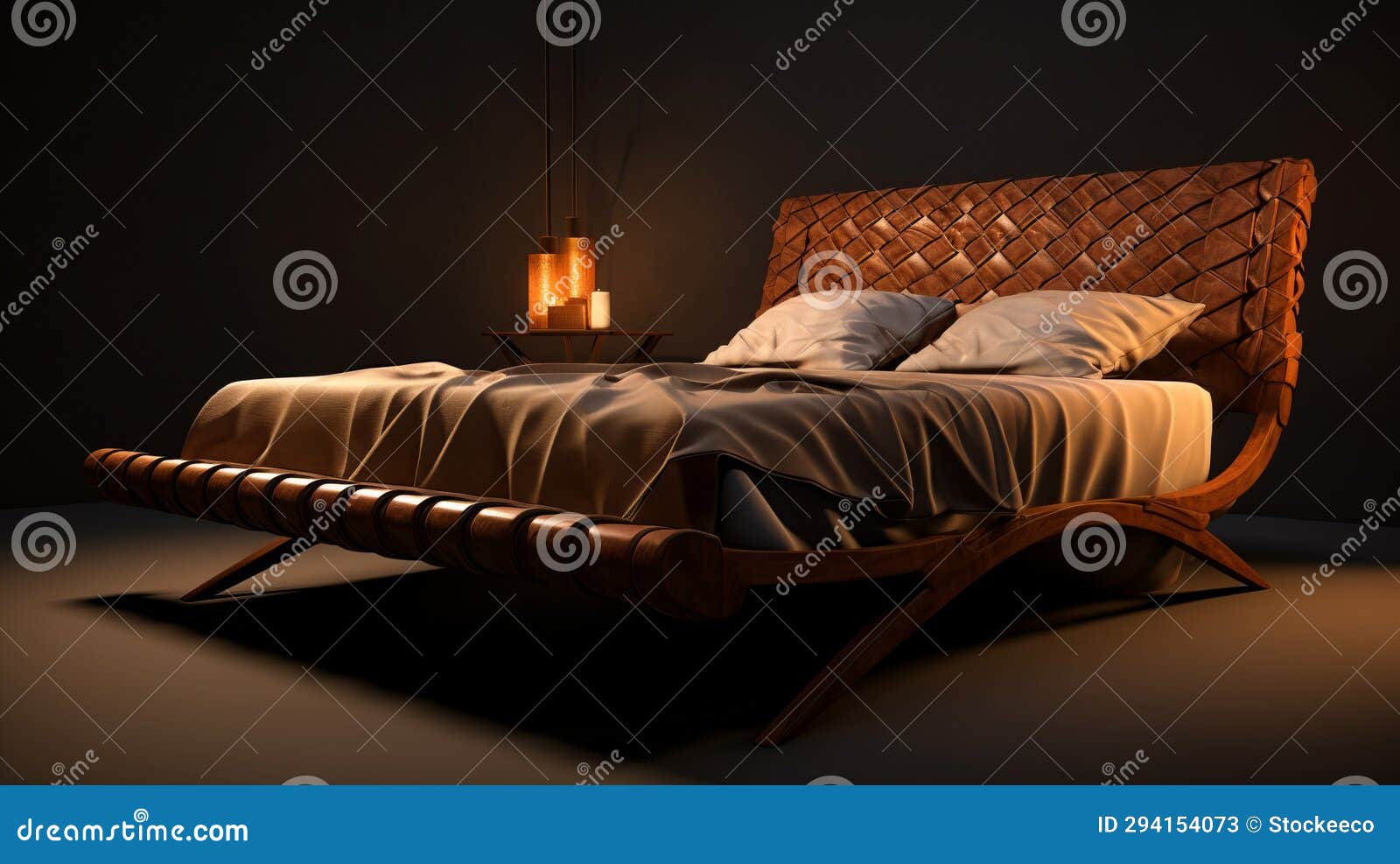 Dark Amber Wooden Bed in Atmospheric Ray Tracing Style Stock ...