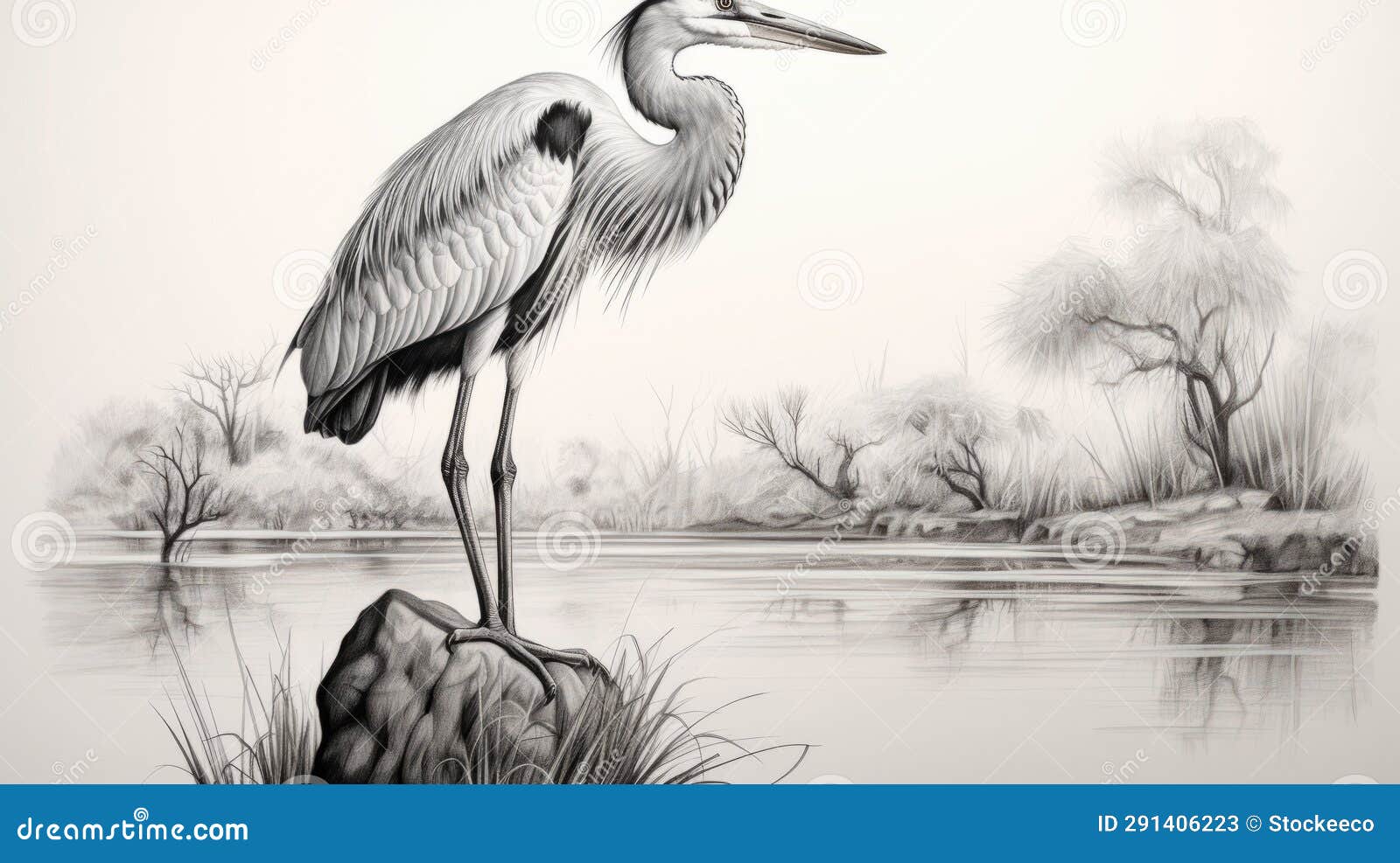 Hyperrealistic Black and White Heron Drawing on River Rim Stock ...