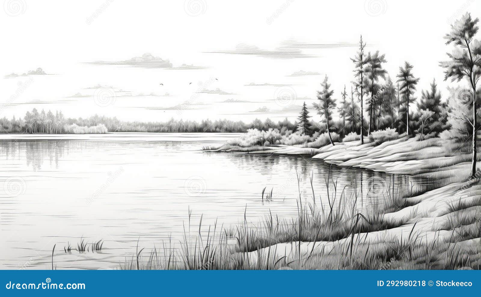 Hyperrealistic Black and White Lake Illustration with Elegant Inking ...