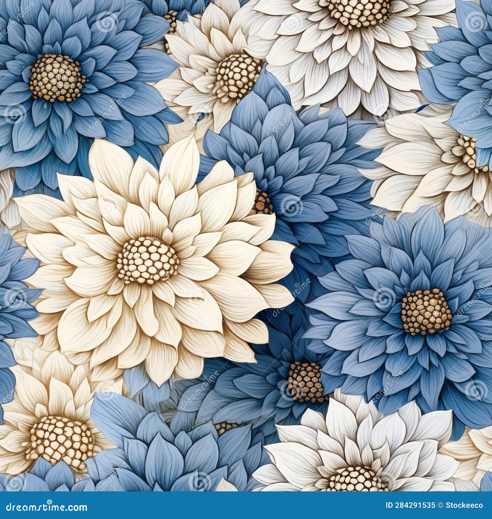 Hyperrealistic Blue and Beige Flower Pattern with Raw Texture Stock ...