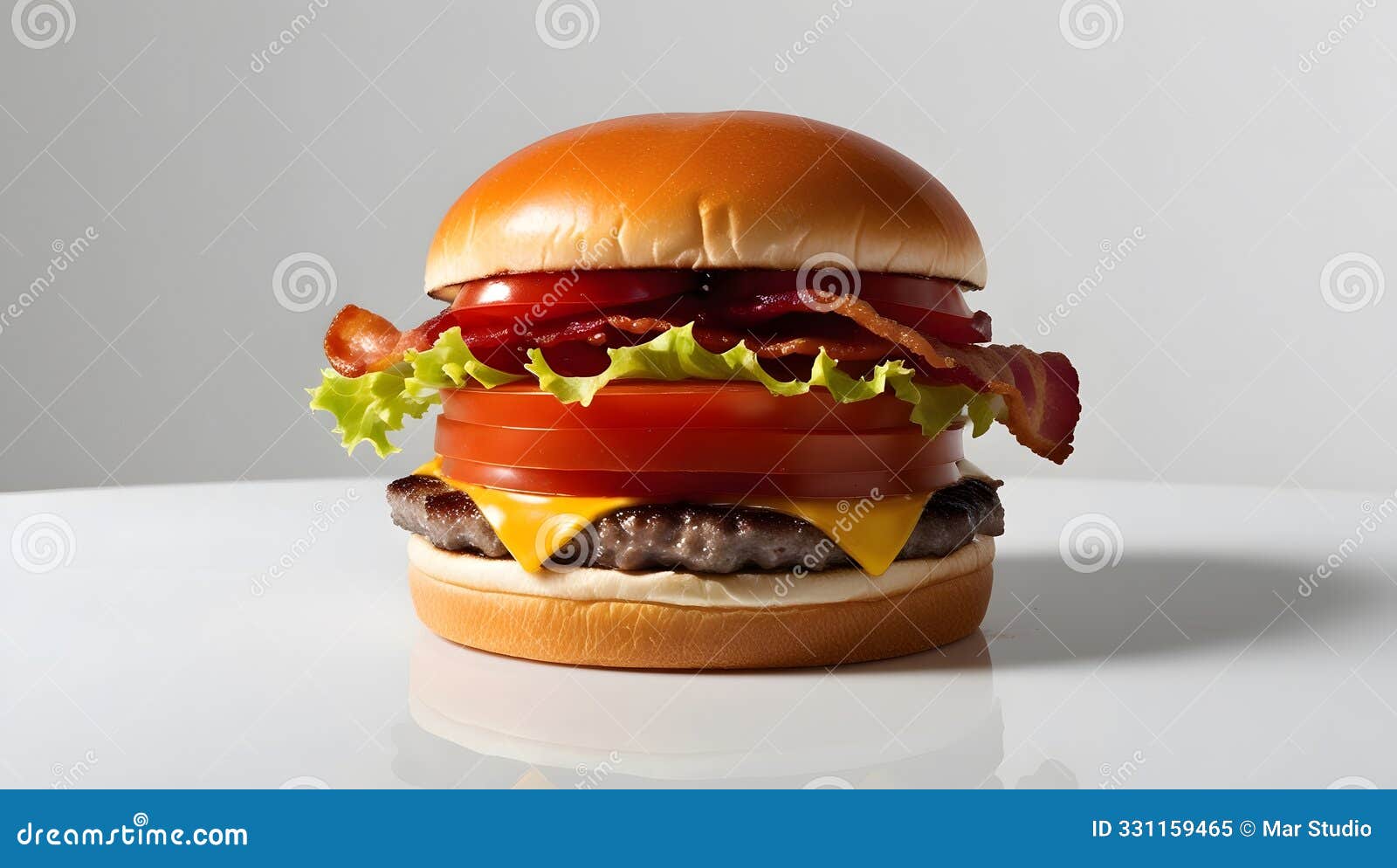 Hyperrealistic Cheeseburger with Bacon, Tomato, and Lettuce on a Plain ...
