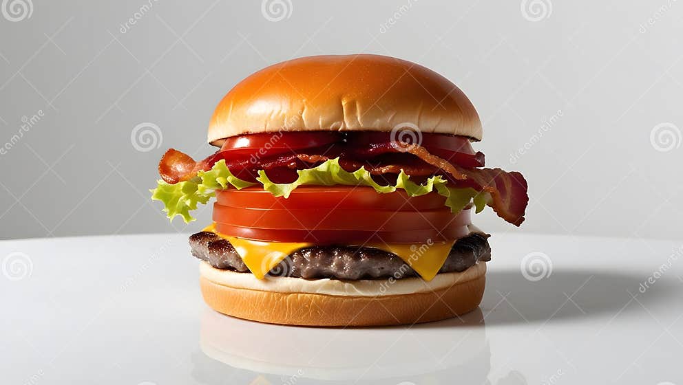 Hyperrealistic Cheeseburger with Bacon, Tomato, and Lettuce on a Plain ...