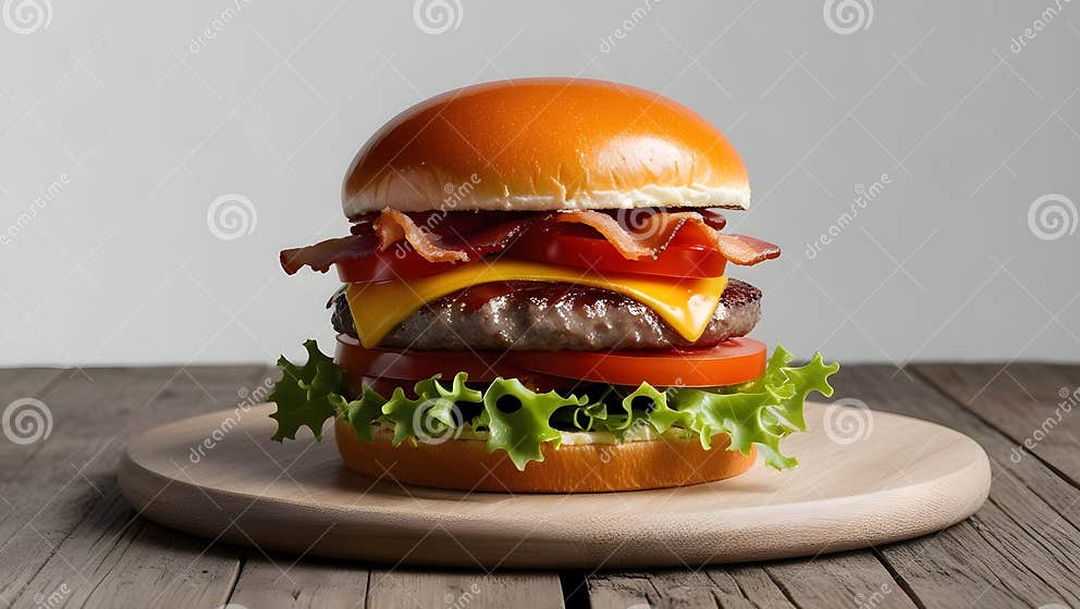 Hyperrealistic Cheeseburger with Bacon, Tomato, and Lettuce on a Plain ...