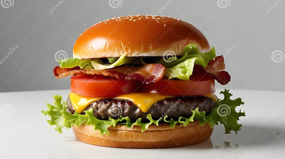 Hyperrealistic Cheeseburger with Bacon, Tomato, and Lettuce on a Plain ...