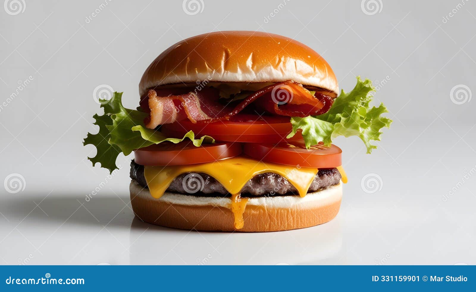 Hyperrealistic Cheeseburger with Bacon, Tomato, and Lettuce on a Plain ...