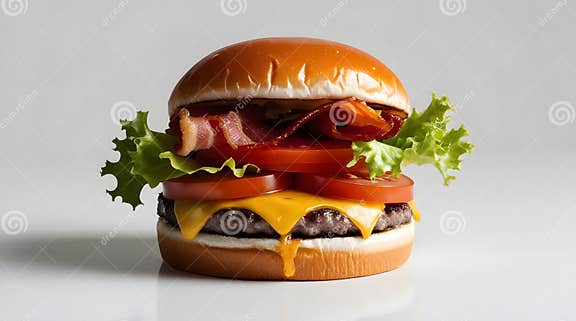 Hyperrealistic Cheeseburger with Bacon, Tomato, and Lettuce on a Plain ...