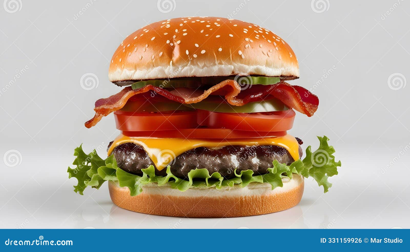 Hyperrealistic Cheeseburger with Bacon, Tomato, and Lettuce on a Plain ...