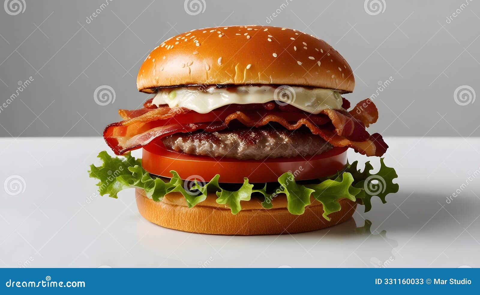 Hyperrealistic Cheeseburger with Bacon, Tomato, and Lettuce on a Plain ...