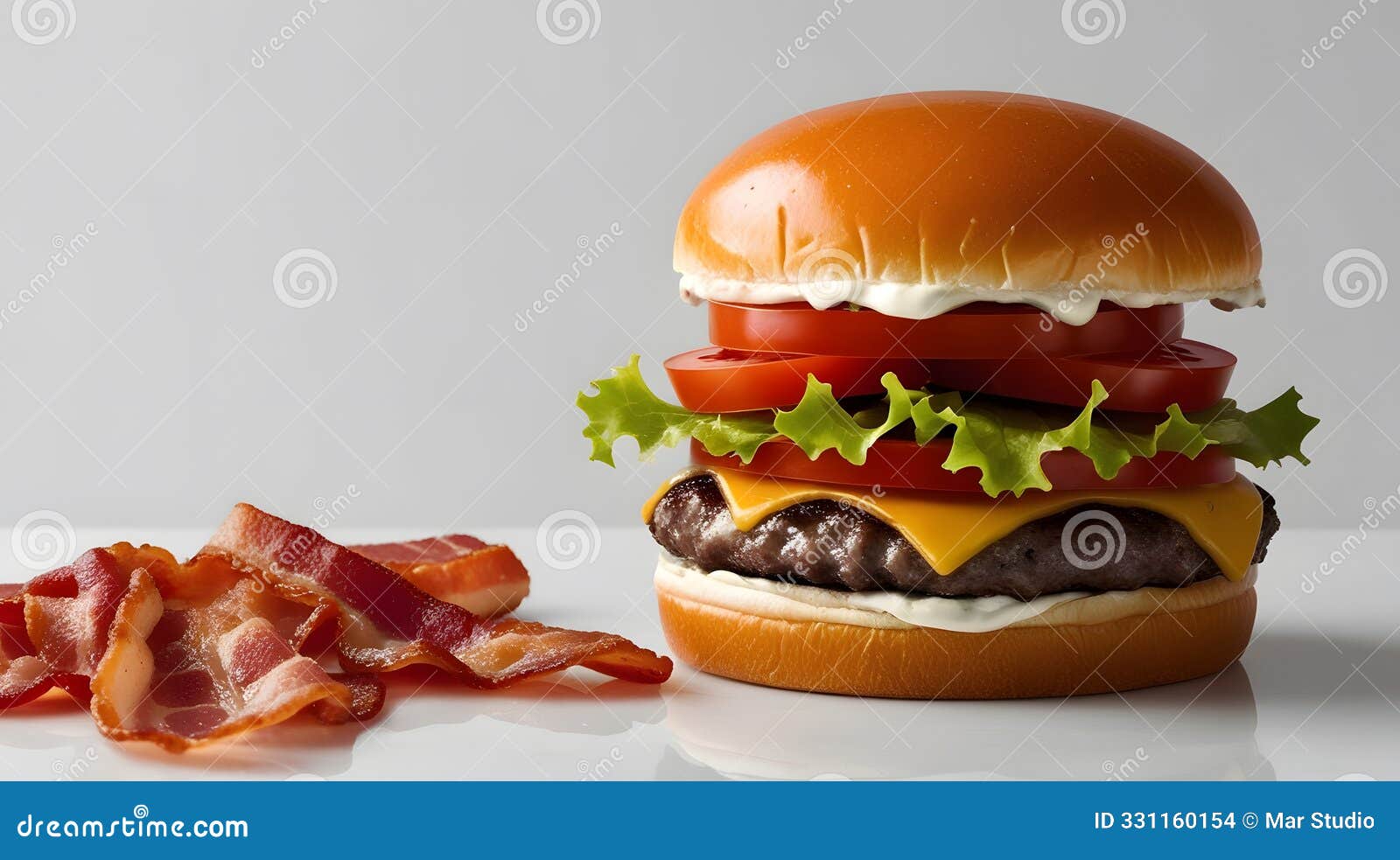 Hyperrealistic Cheeseburger with Bacon, Tomato, and Lettuce on a Plain ...