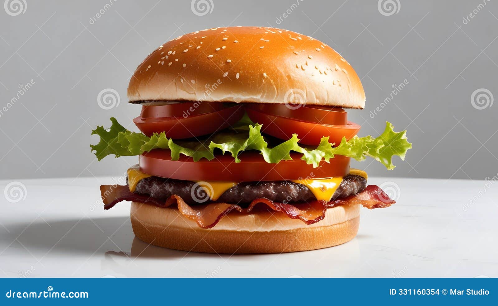 Hyperrealistic Cheeseburger with Bacon, Tomato, and Lettuce on a Plain ...