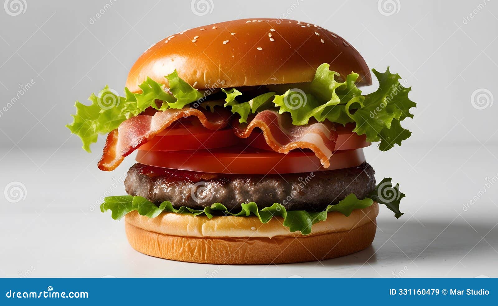 Hyperrealistic Cheeseburger with Bacon, Tomato, and Lettuce on a Plain ...