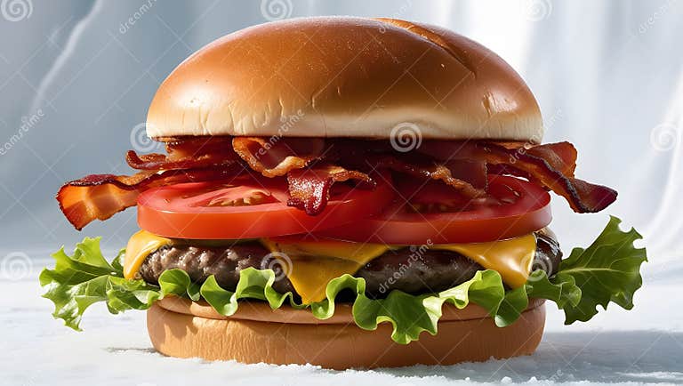 Hyperrealistic Cheeseburger with Bacon, Tomato, and Lettuce on a Plain ...