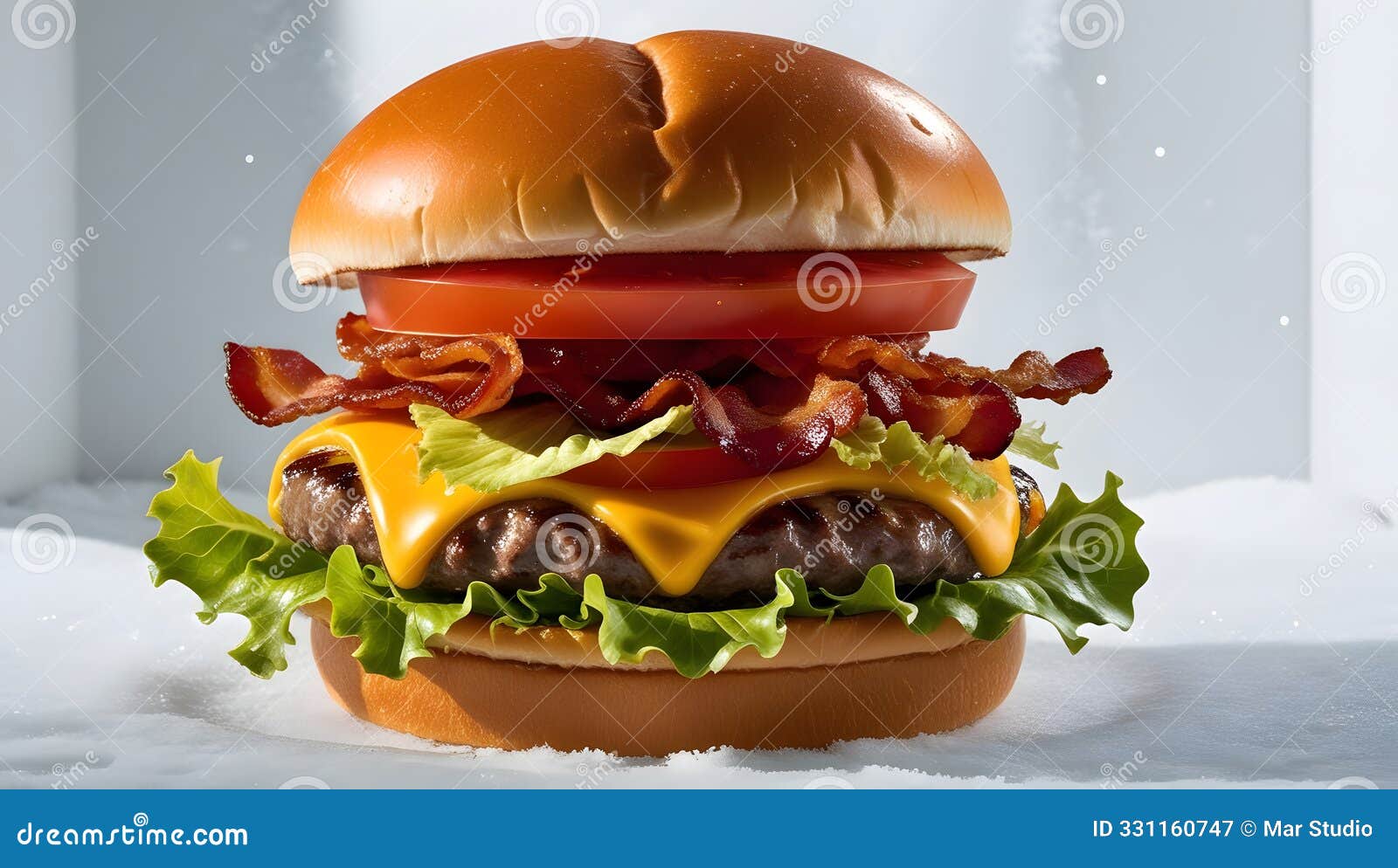 Hyperrealistic Cheeseburger with Bacon, Tomato, and Lettuce on a Plain ...