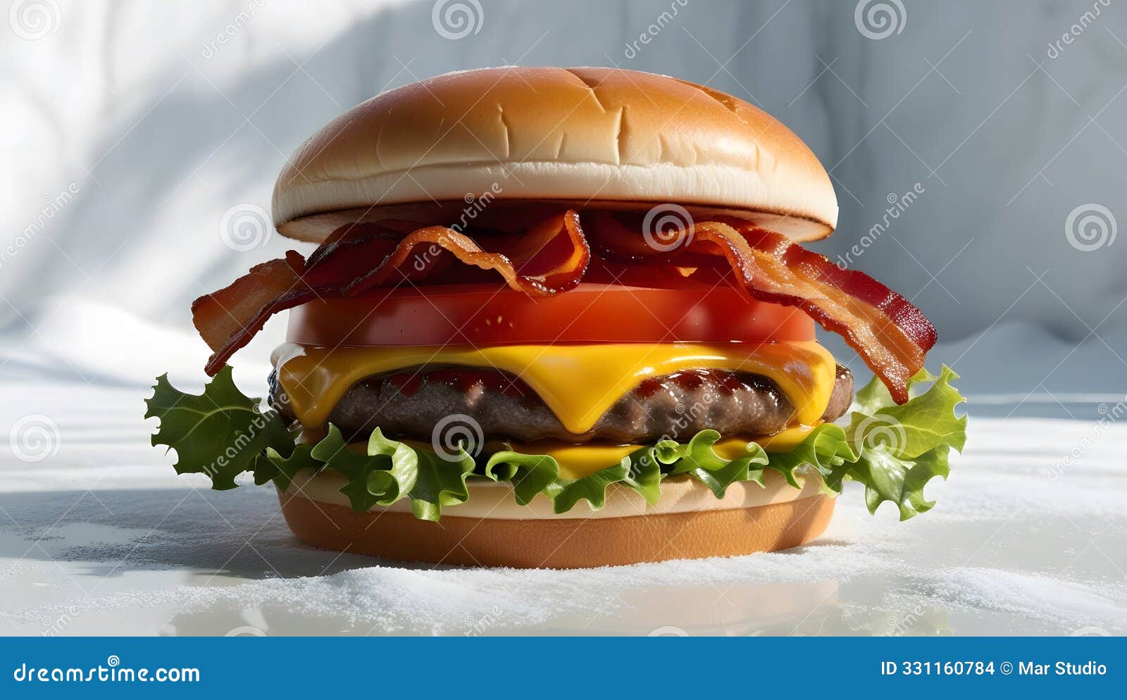 Hyperrealistic Cheeseburger with Bacon, Tomato, and Lettuce on a Plain ...