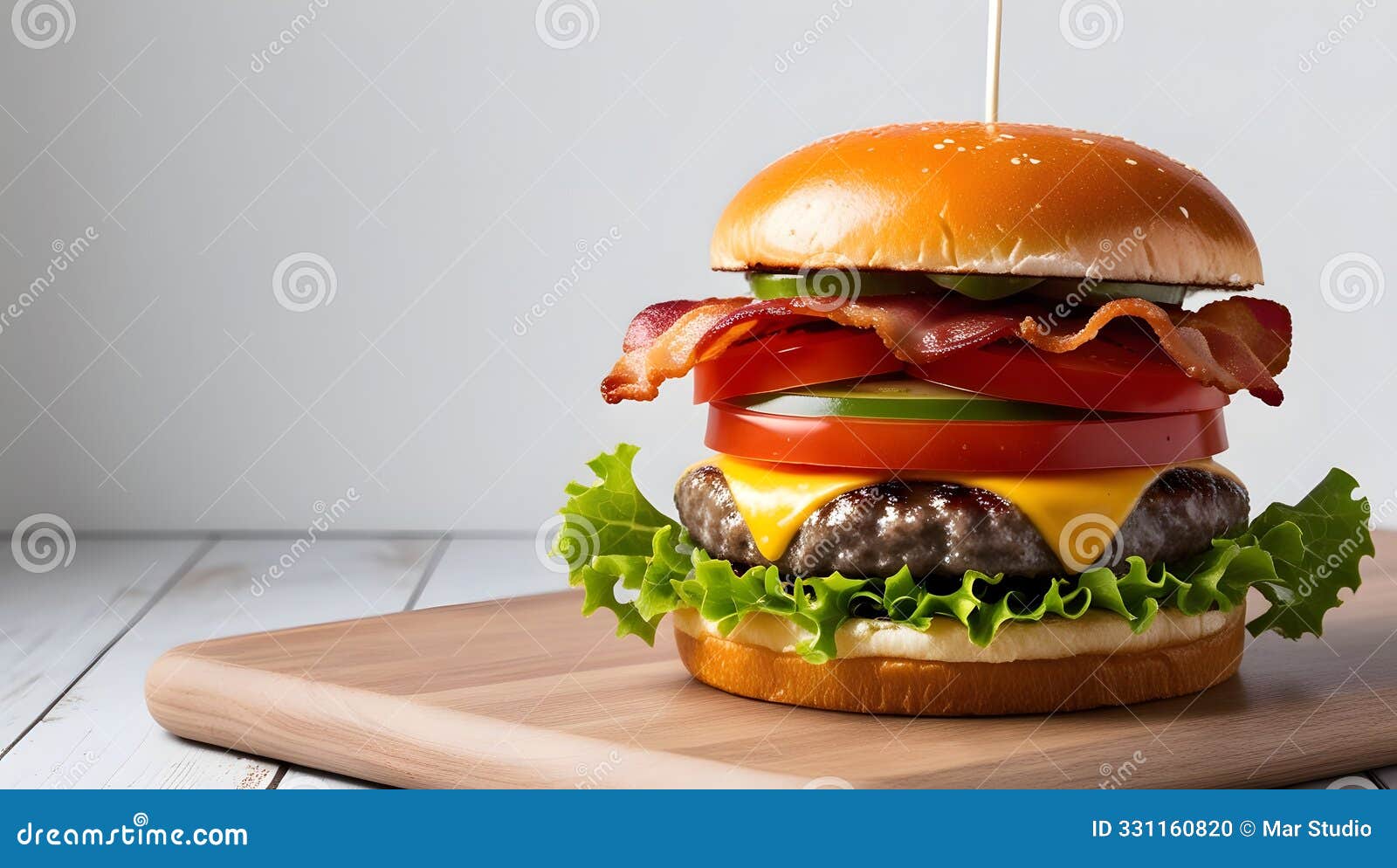 Hyperrealistic Cheeseburger with Bacon, Tomato, and Lettuce on a Plain ...