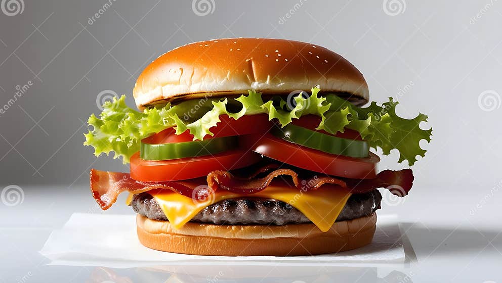 Hyperrealistic Cheeseburger with Bacon, Tomato, and Lettuce on a Plain ...