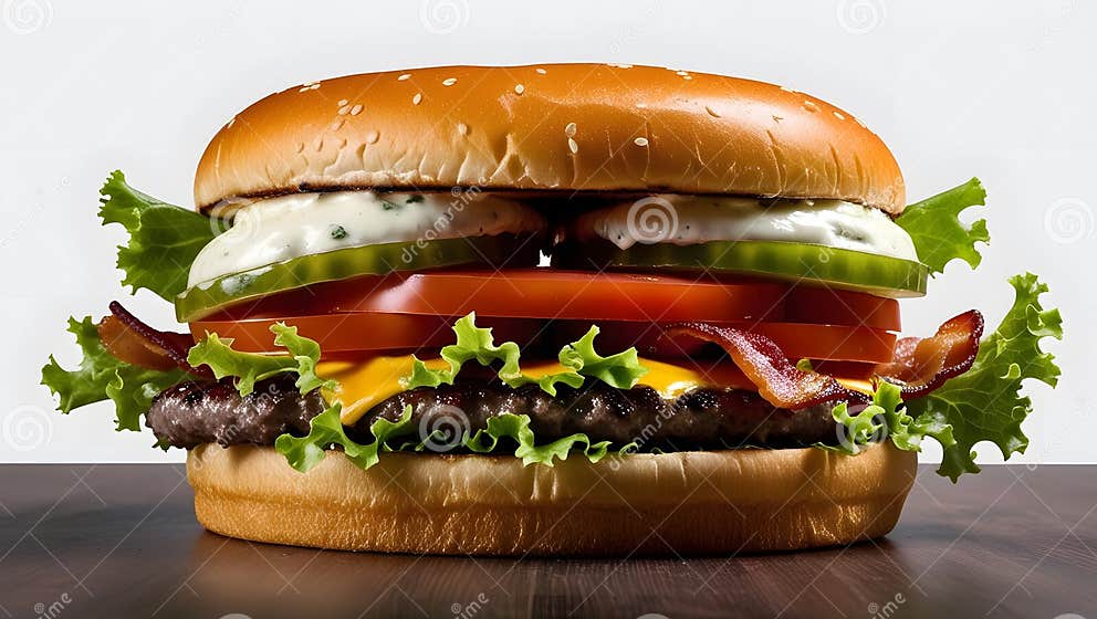 Hyperrealistic Cheeseburger with Bacon, Tomato, and Lettuce on a Plain ...