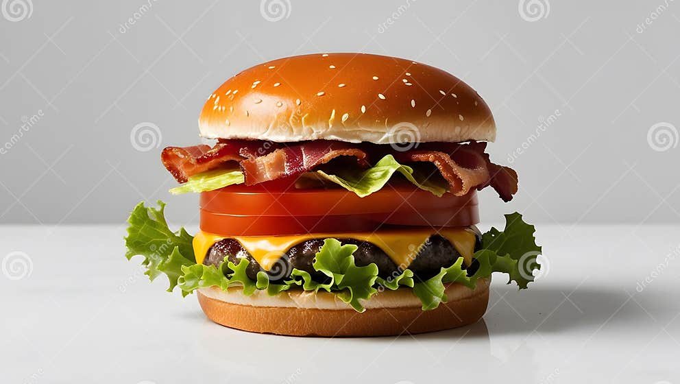 Hyperrealistic Cheeseburger with Bacon, Tomato, and Lettuce on a Plain ...