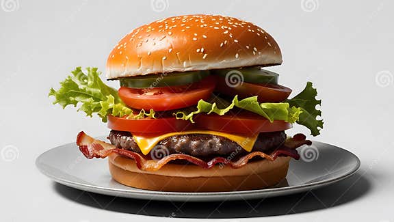 Hyperrealistic Cheeseburger with Bacon, Tomato, and Lettuce on a Plain ...