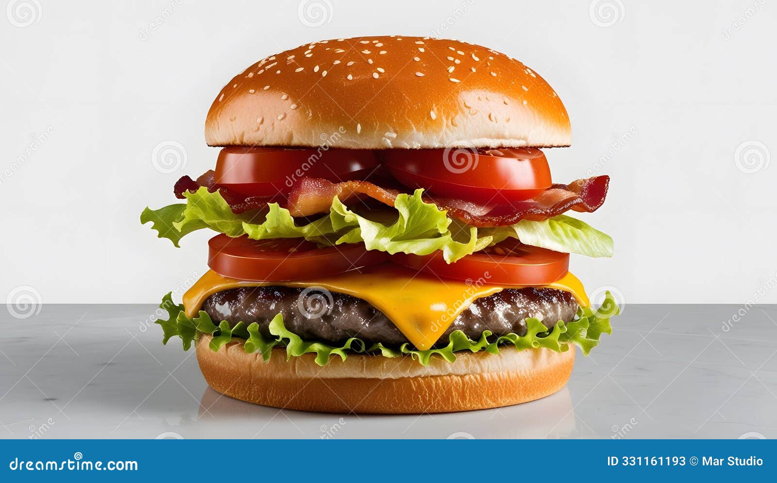 Hyperrealistic Cheeseburger with Bacon, Tomato, and Lettuce on a Plain ...
