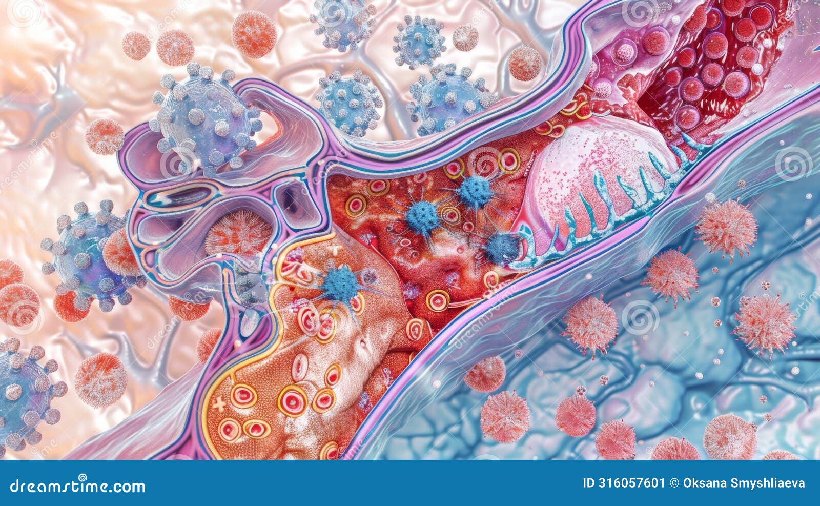 A Hyperrealistic Depiction of a Viral Infection within a Cross-section ...