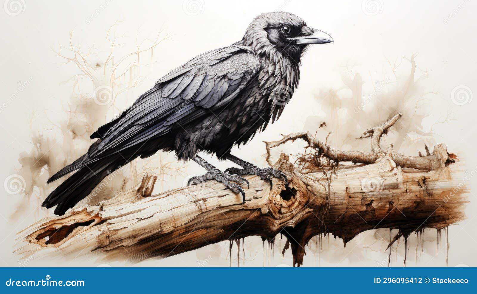 Hyperrealistic Drawing of a Crow Perched on a Split Plank Stock ...