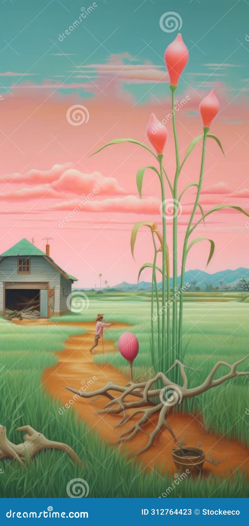 Hyperrealistic Flower Painting with Barn in Ray Caesar Style Stock ...