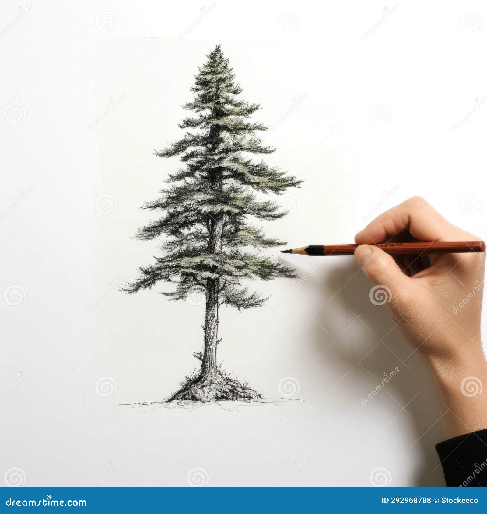 Hyperrealistic Hand Drawing of an Infant Sketching a Cedar Tree Stock ...