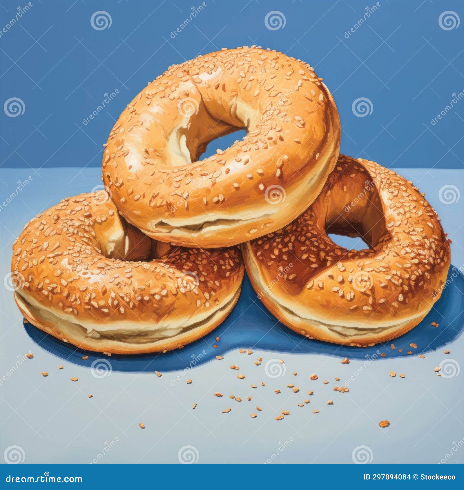 Hyperrealistic Illustration of Three Bagels on Blue Table Stock ...