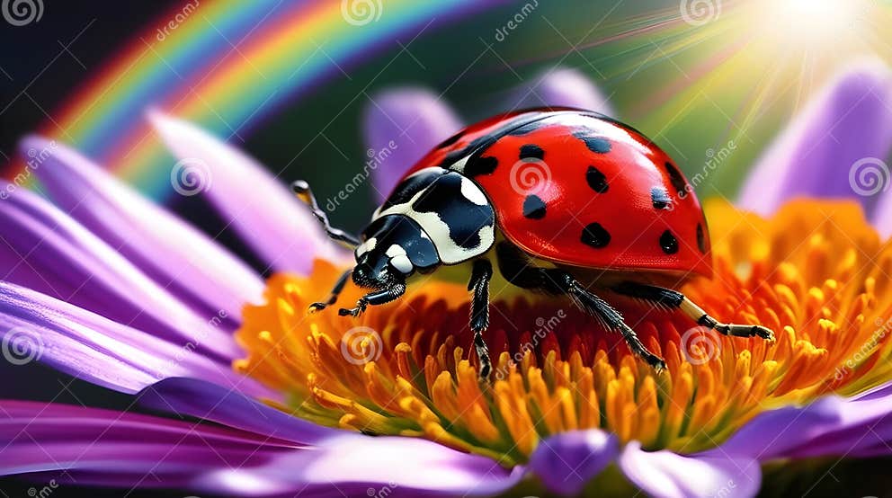Hyperrealistic Ladybug on a Flower with Shimmering Rainbow Background ...